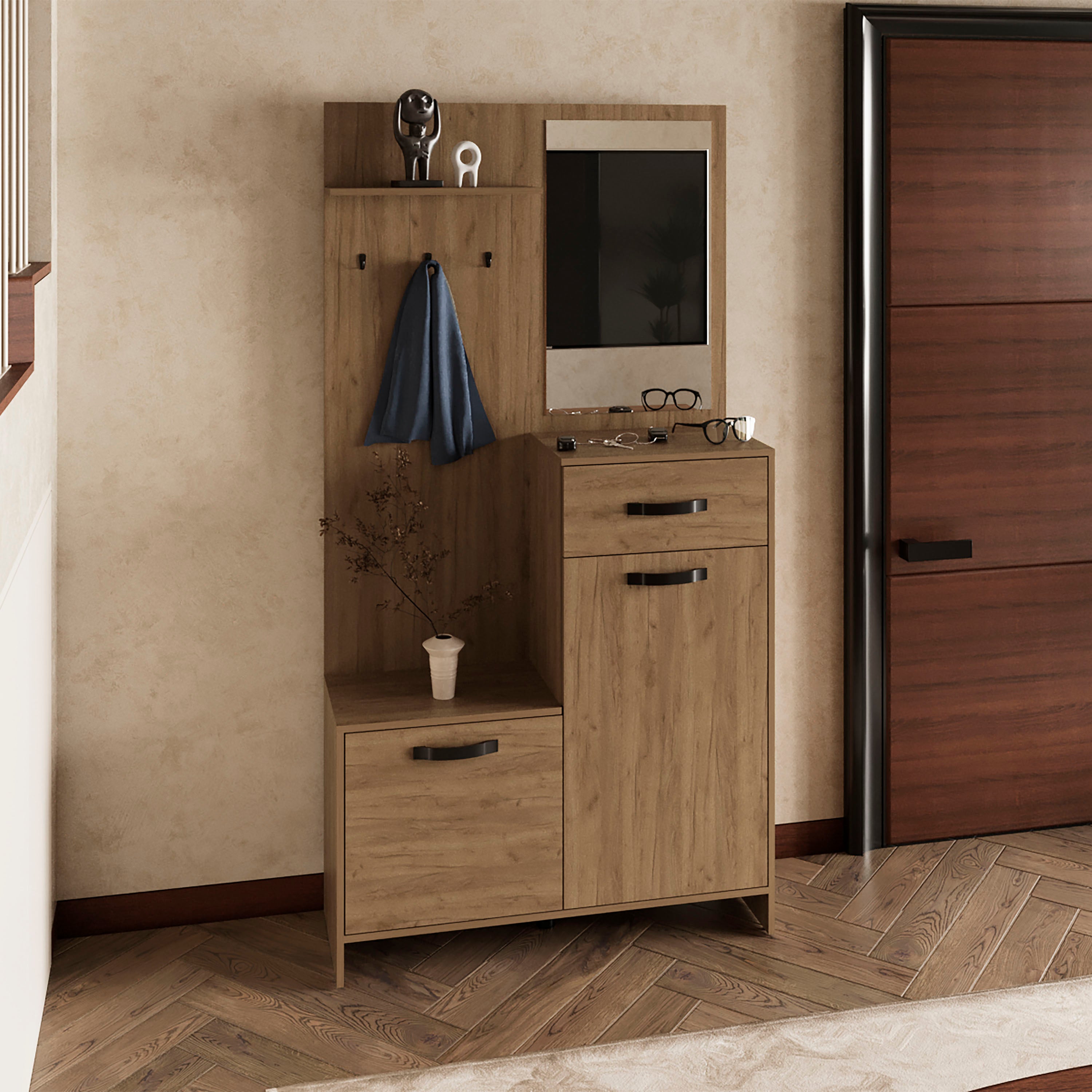 Parker Mirrored Tree Hall with Hangers, Three Shelves, Two Cabinets, O ...